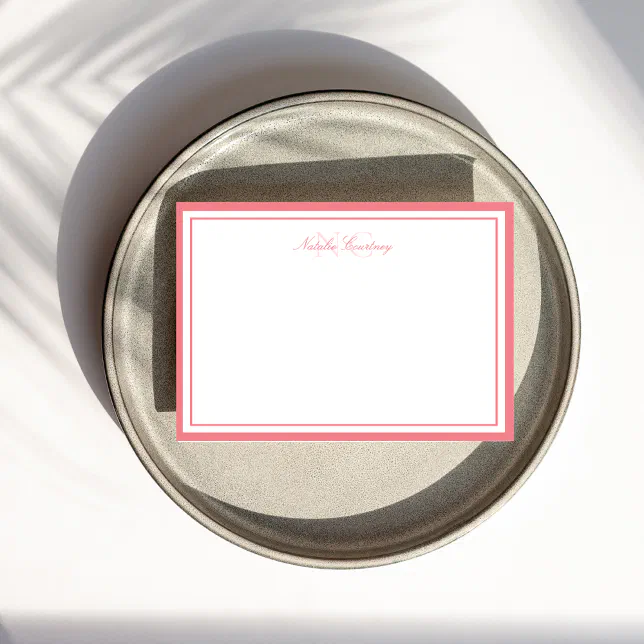 Minimalist Script Pink Two Border Monogram Note Card | Zazzle