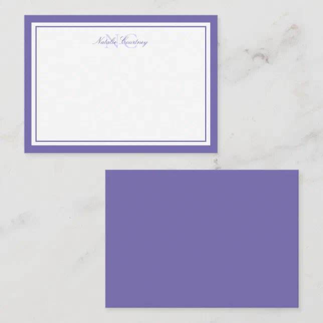 Minimalist Script Purple Two Border Monogram Note Card | Zazzle