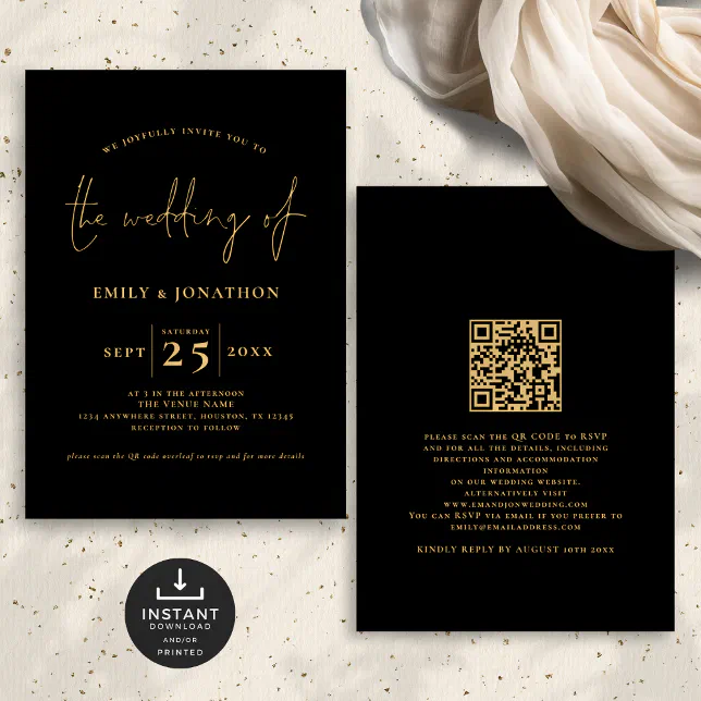 Minimalist Script QR Code Black Gold Wedding Invitation | Zazzle