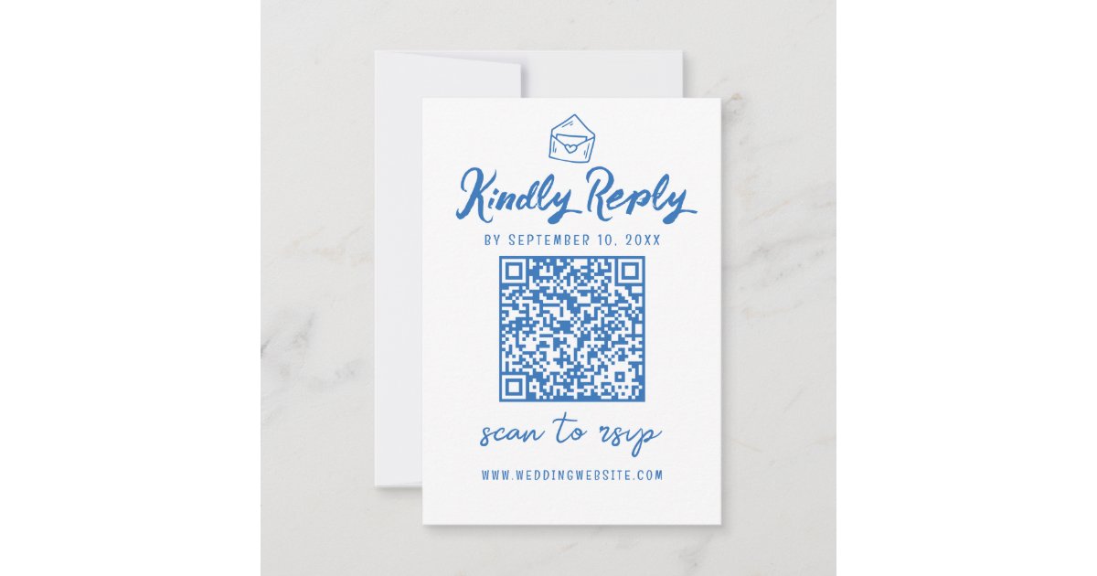 Minimalist Script QR Code Blue Envelope Wedding RSVP Card | Zazzle