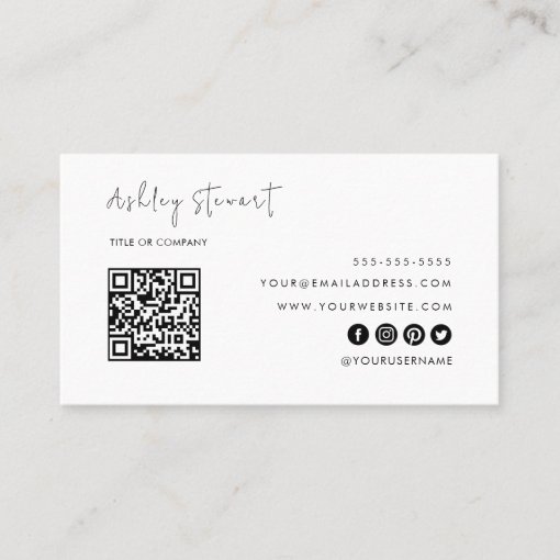 Minimalist Script Qr Code Professional White Business Card | Zazzle