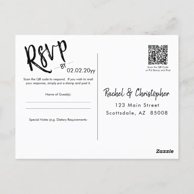 Minimalist Script QR Code Wedding Event RSVP Postcard | Zazzle