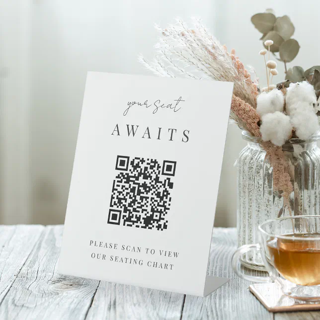 Minimalist Script QR Code Wedding Seating Chart Pedestal Sign | Zazzle