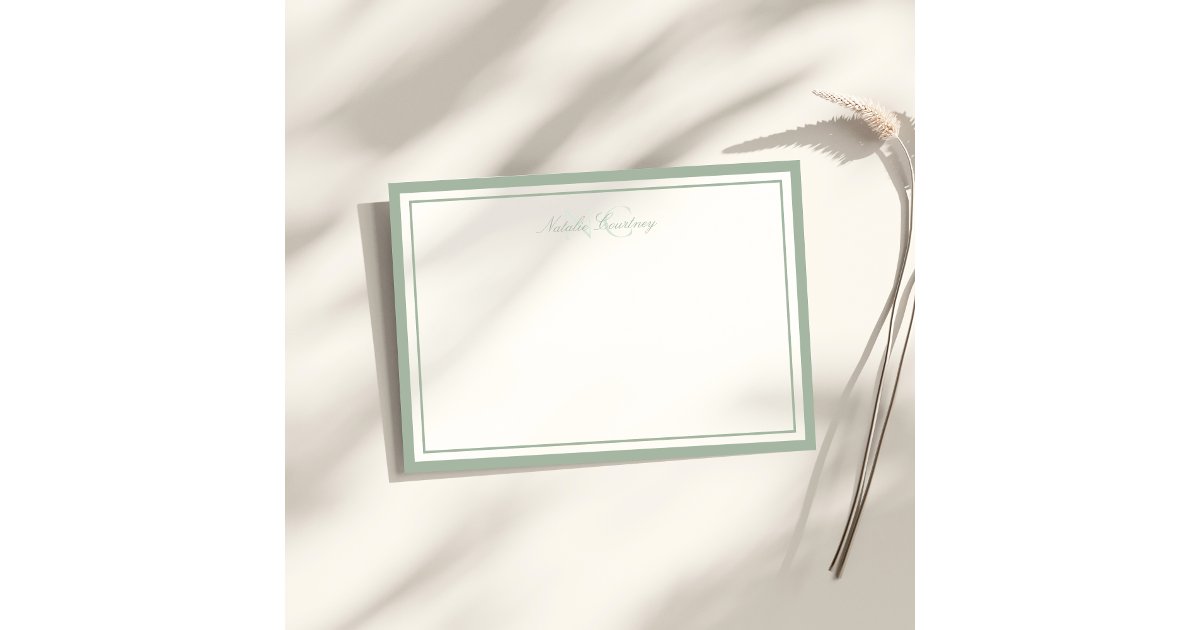 Minimalist Script Sage Green Two Border Monogram Note Card | Zazzle