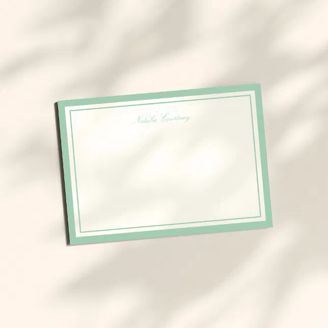 Minimalist Script Sage Green Two Border Monogram Note Card | Zazzle