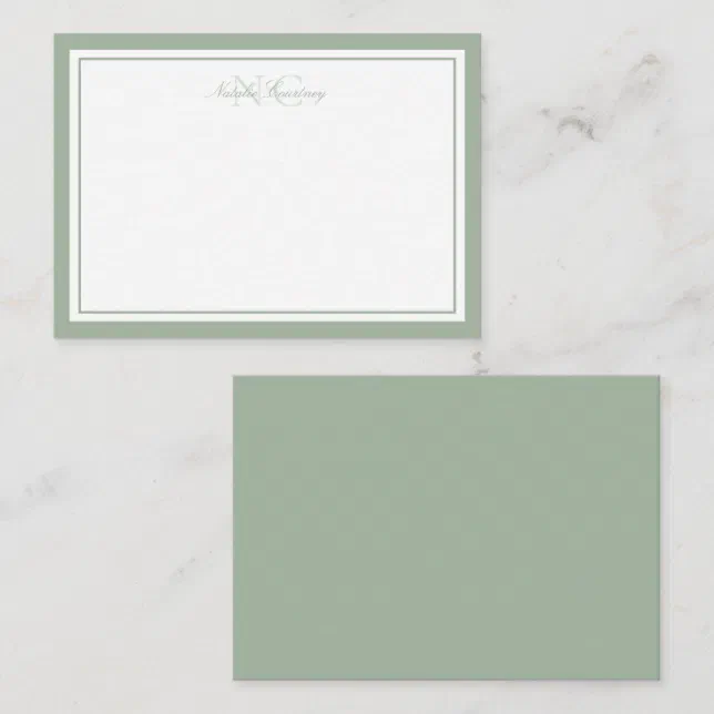 Minimalist Script Sage Green Two Border Monogram Note Card | Zazzle