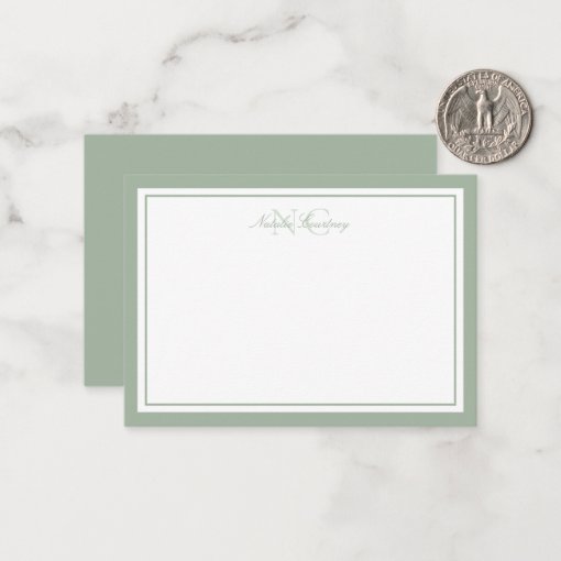 Minimalist Script Sage Green Two Border Monogram Note Card | Zazzle