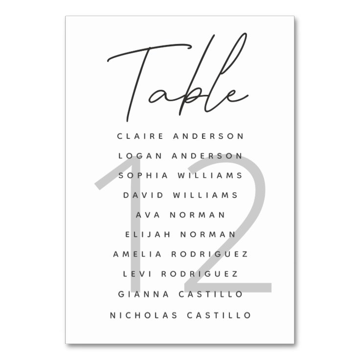 Minimalist Script White Wedding Seating Chart Table Number | Zazzle