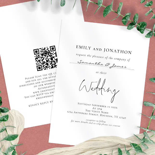Minimalist Script With Guest Names QR Code Wedding Invitation | Zazzle