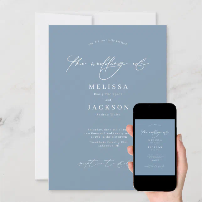 Minimalist scripted Dusty Blue Wedding Invitation | Zazzle