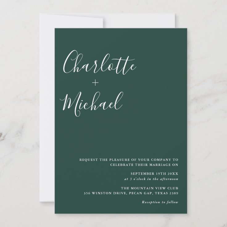 Minimalist Signature Script Emerald Green Wedding Invitation | Zazzle
