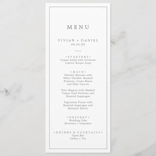 Minimalist Silver Typography Wedding Dinner Menu | Zazzle