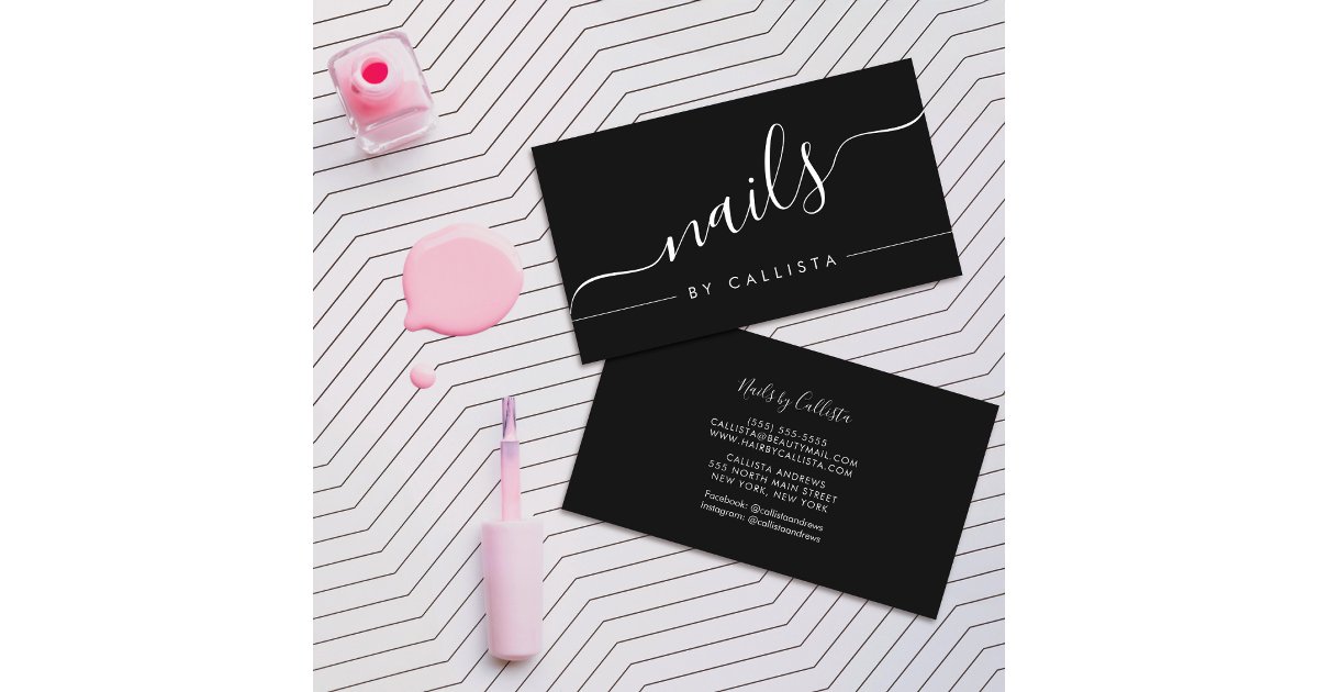 Minimalist Simple Black White Script Nails Business Card | Zazzle