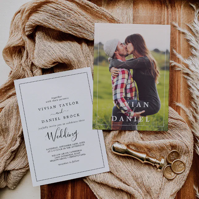 Minimalist Simple Boho Modern Rustic Photo Wedding Invitation | Zazzle