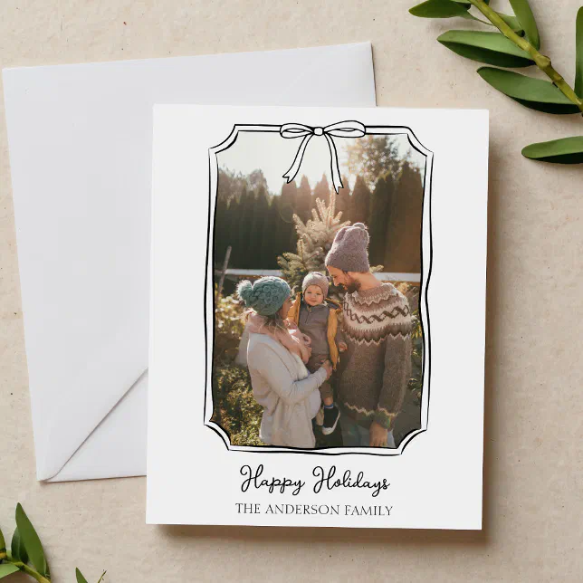 Minimalist Simple Bow Black and White Family Photo Holiday Postcard ...