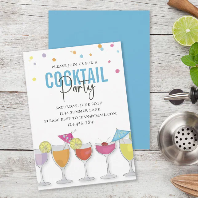 Minimalist Simple Cocktail Party Modern Blue Invitation | Zazzle
