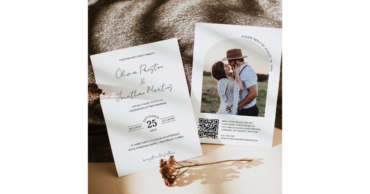 Minimalist Simple QR Code Arch Frame Photo Wedding Invitation | Zazzle