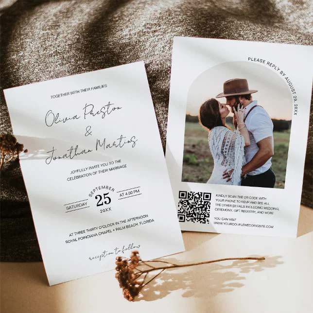 Minimalist Simple QR Code Arch Frame Photo Wedding Invitation | Zazzle