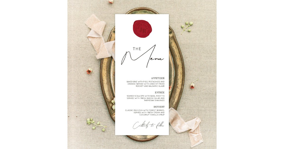 Minimalist Simple Red Wax Stamp Gala Dinner Menu | Zazzle
