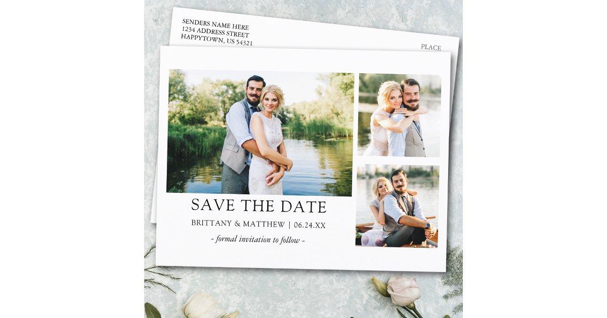 Minimalist Simple Save the Date Couple 3 Photo Postcard | Zazzle