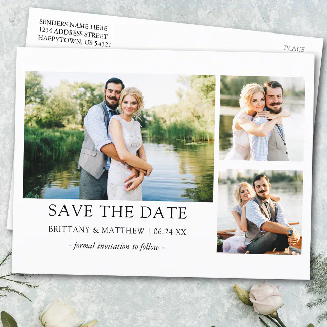 Minimalist Simple Save the Date Couple 3 Photo Postcard | Zazzle