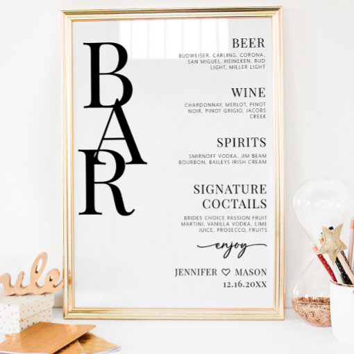 Minimalist simple wedding bar menu sign Poster | Zazzle