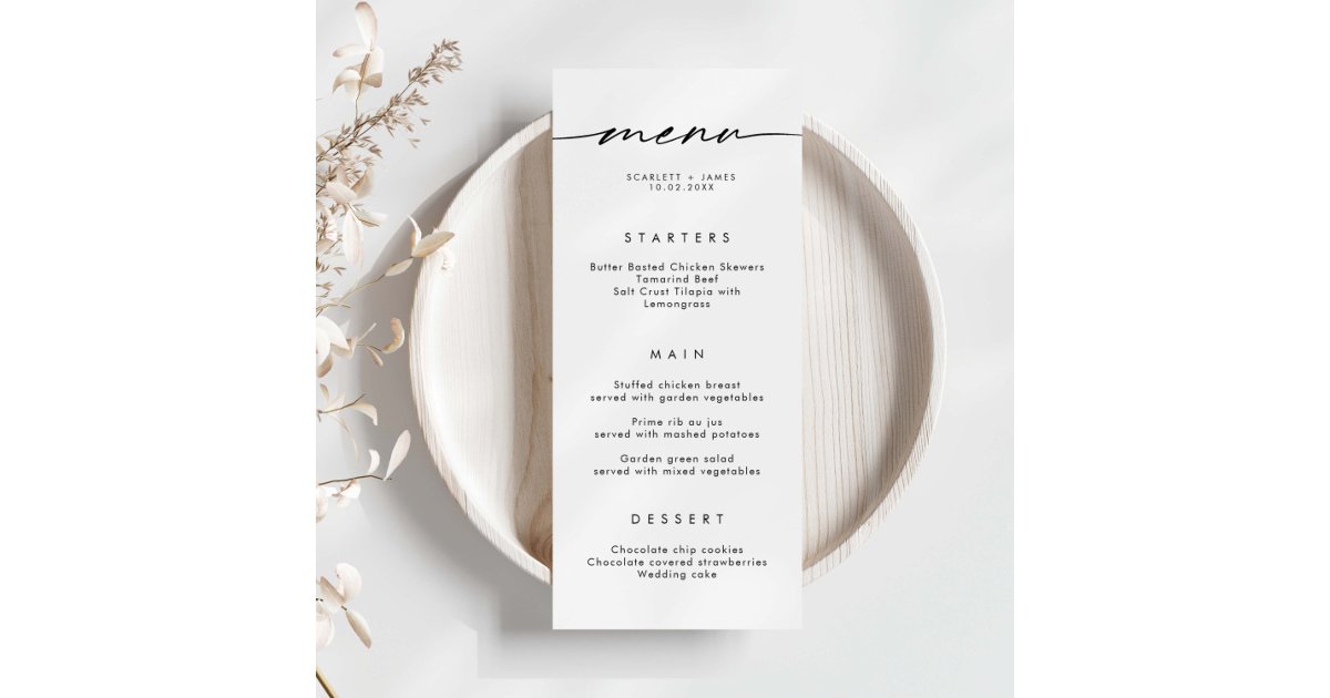 Minimalist Simple Wedding Menu Card | Zazzle