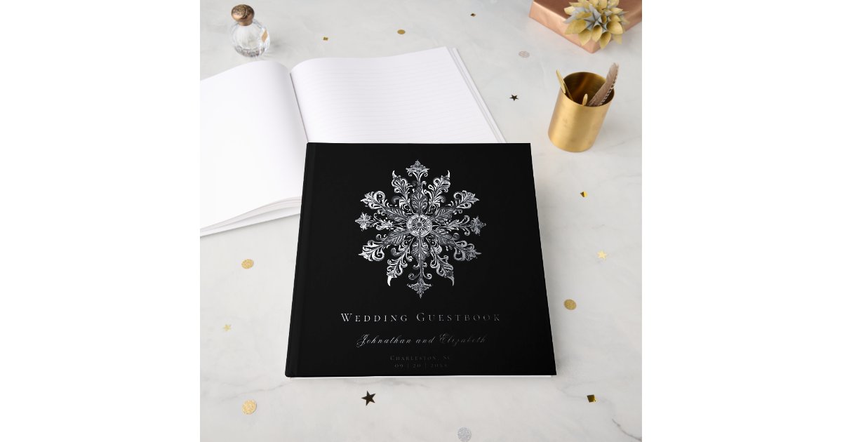 Minimalist Snowflake Wedding | Black Foil Guest Book | Zazzle