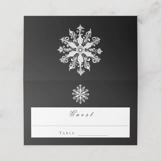 Minimalist Snowflake Wedding | Black Place Card | Zazzle