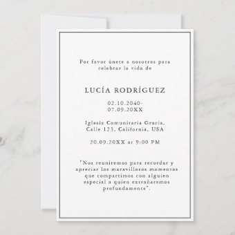 Minimalist Spanish Funeral Celebracion Memorial Invitation | Zazzle