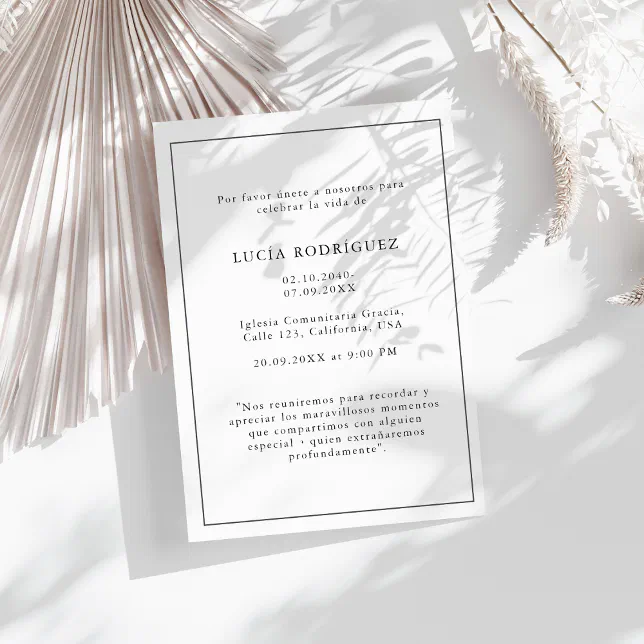 Minimalist Spanish Funeral Celebracion Memorial Invitation | Zazzle