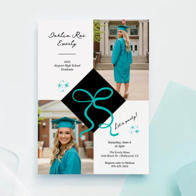 Minimalist Teal Blue Cap and Bow Graduation Photo Invitation | Zazzle