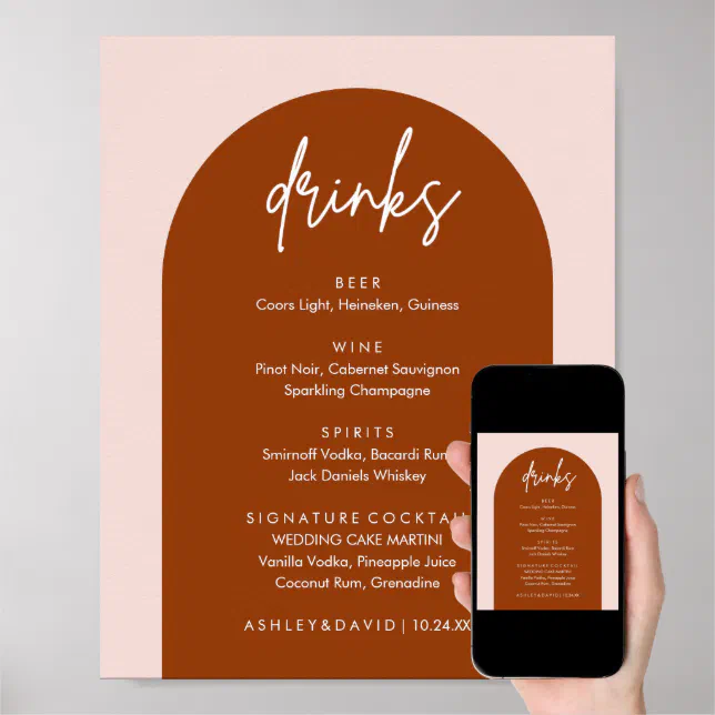 Minimalist Terracotta Arch Wedding Drinks Bar Menu Poster | Zazzle