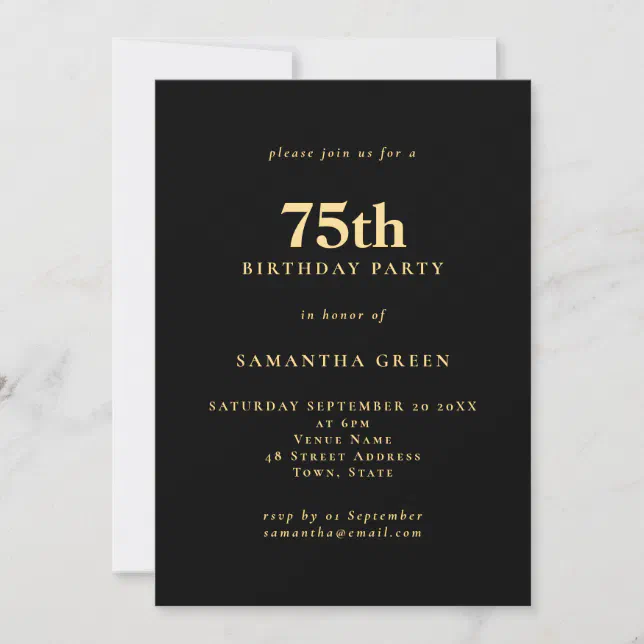 Minimalist Text Gold Black 75th Birthday Party Invitation | Zazzle
