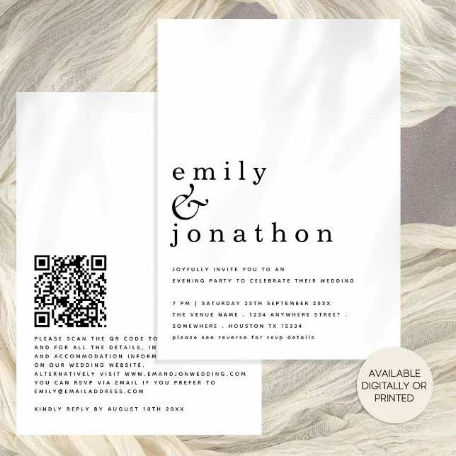 Minimalist Text QR Code Evening Party Wedding Invitation | Zazzle