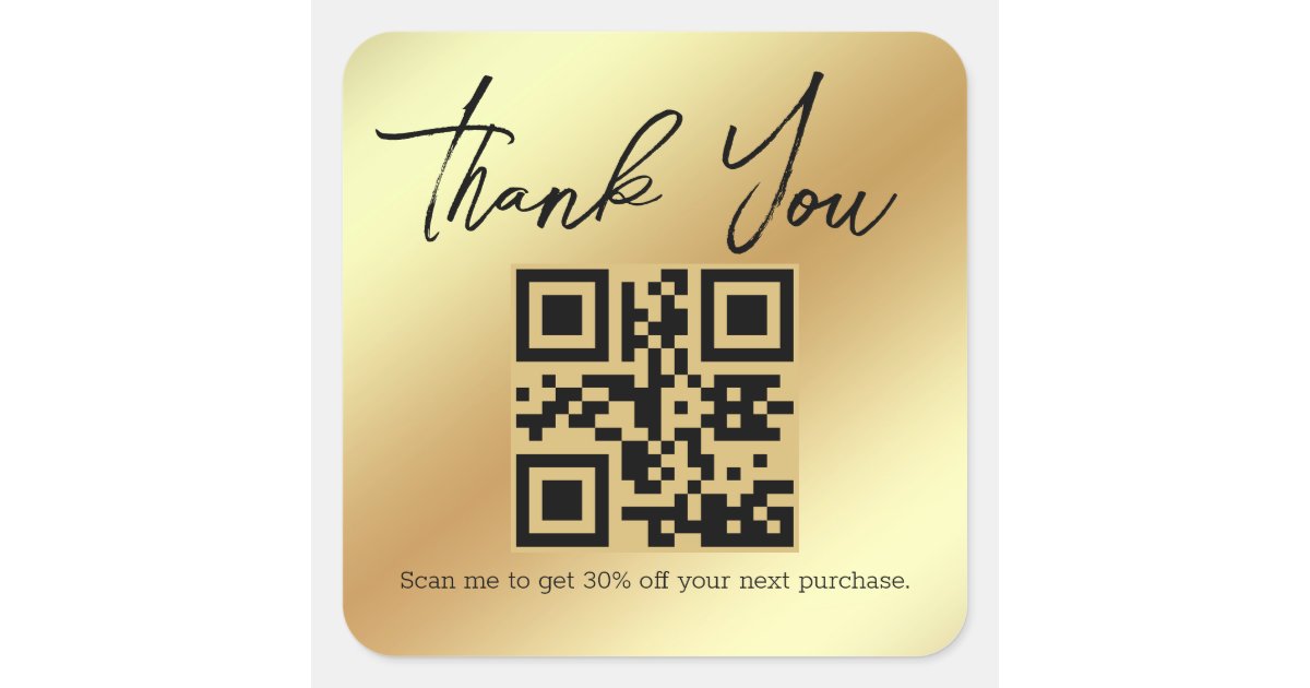 minimalist thank you business qr code gold metal square sticker | Zazzle