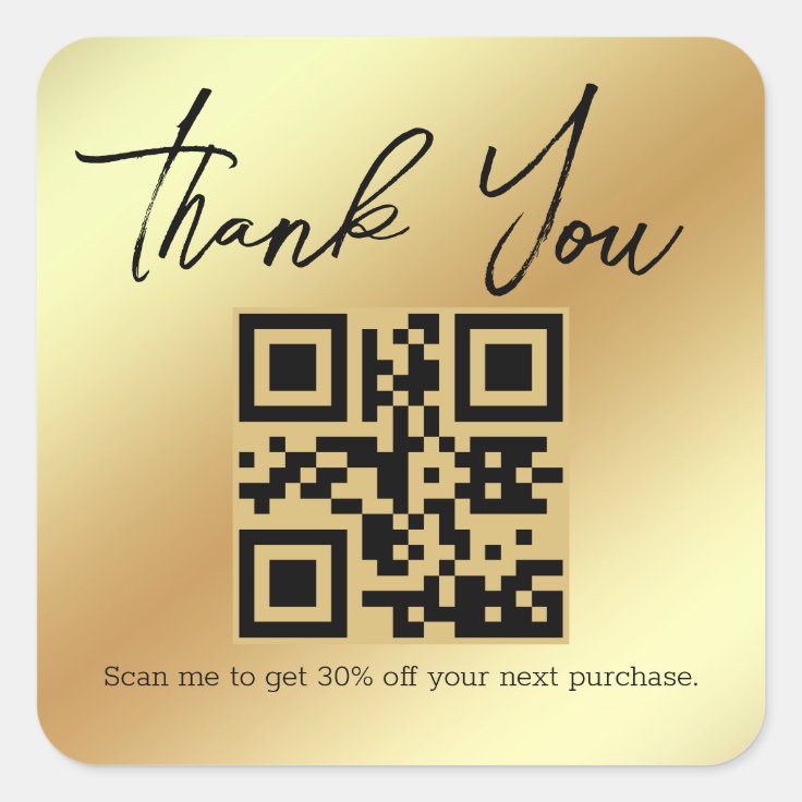 minimalist thank you business qr code gold metal square sticker | Zazzle