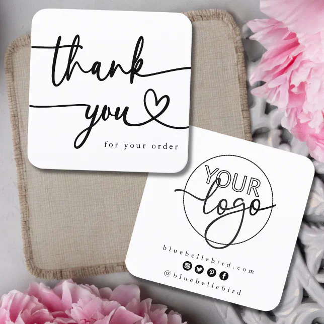 Minimalist Thank You Script Custom logo Heart Square Business Card | Zazzle