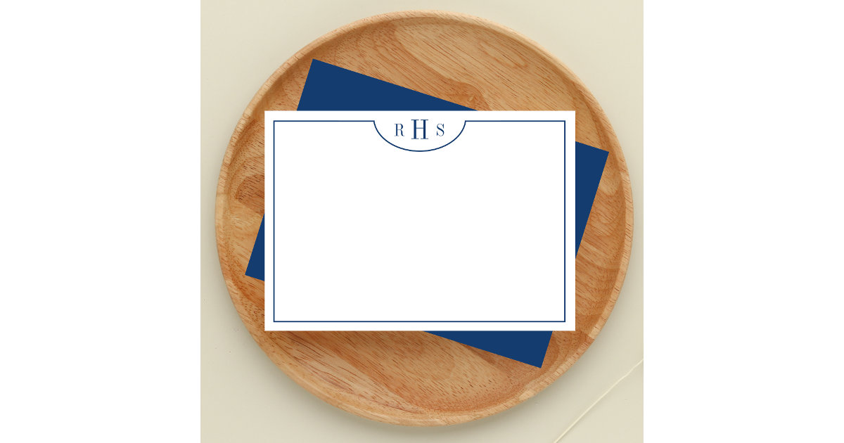 Minimalist Three Monogram One Border | Navy Blue Note Card | Zazzle