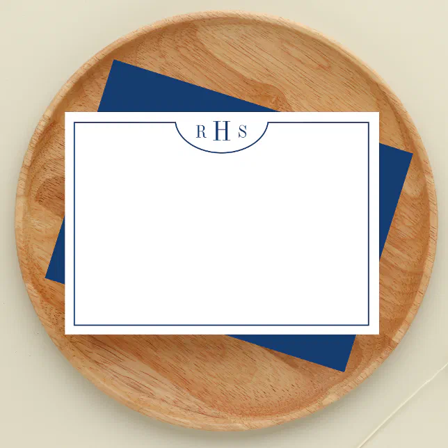 Minimalist Three Monogram One Border | Navy Blue Note Card | Zazzle
