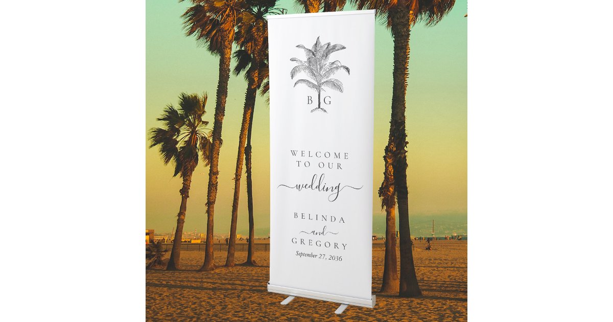 Minimalist Tropical Palm Tree Monogram Wedding Retractable Banner | Zazzle