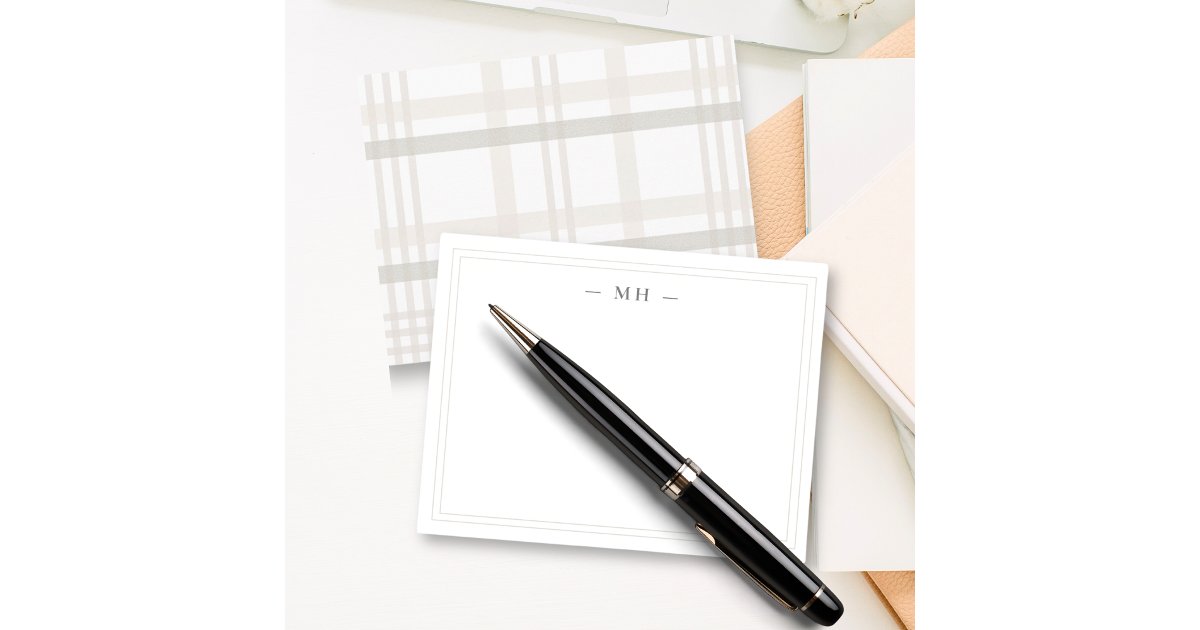 Minimalist Two Border Monogram Initial Plaid Note Card | Zazzle