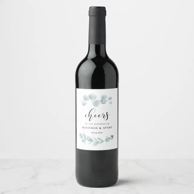 Minimalist watercolor greenery wedding wine label | Zazzle