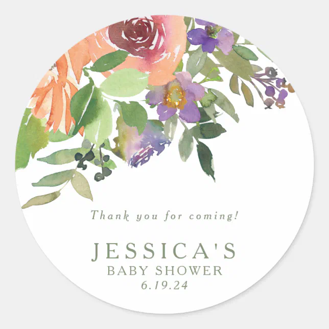 Minimalist Watercolor Orange Floral Baby Shower Classic Round Sticker ...
