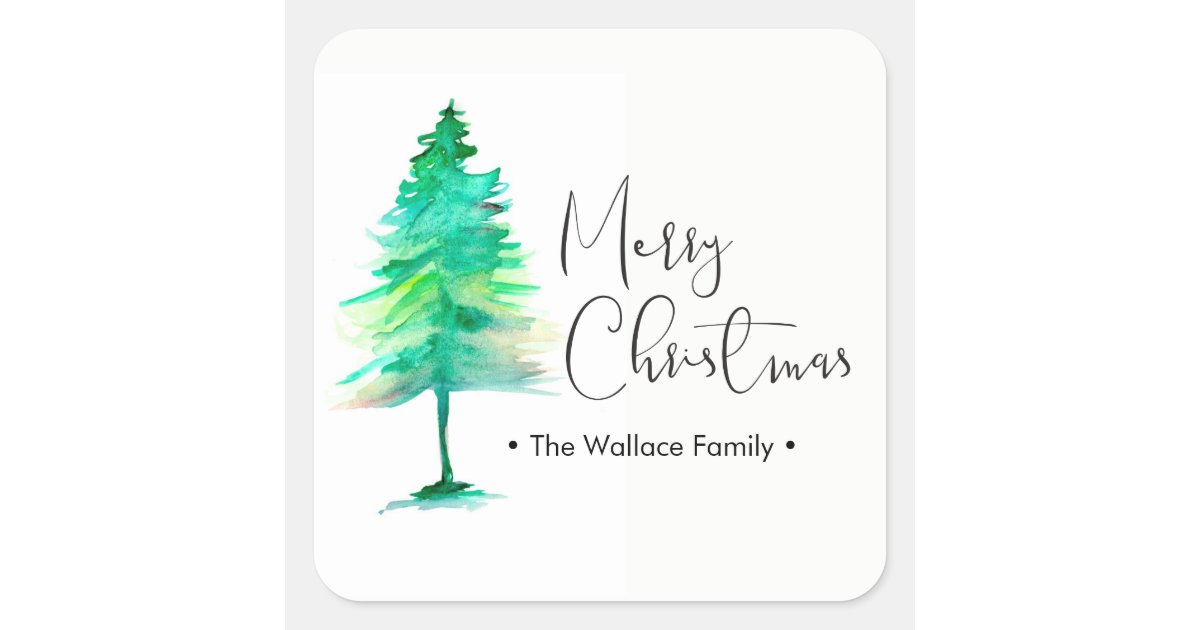 Minimalist Watercolor Pine Tree Merry Christmas Square Sticker | Zazzle