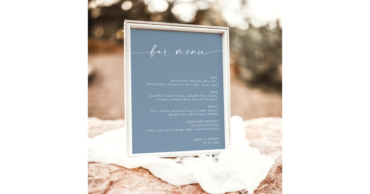 Minimalist Wedding Bar Menu, Blue Drink Menu Sign | Zazzle