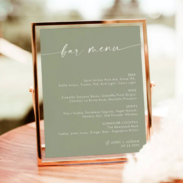 Minimalist Wedding Bar Menu, Green Drink Menu Sign | Zazzle