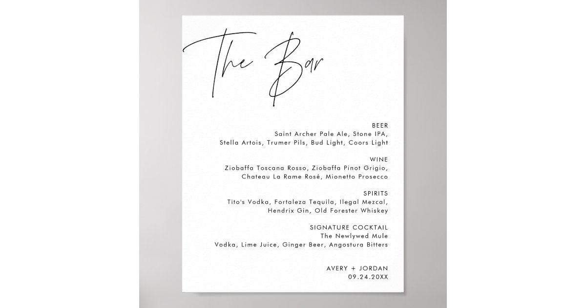 Minimalist Wedding Bar Menu | Wedding Drink Menu Poster | Zazzle