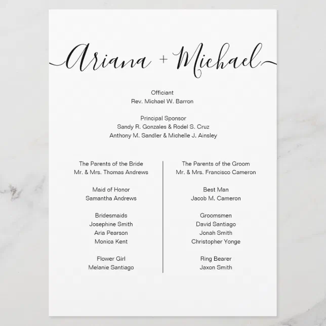 Minimalist Wedding Entourage list Simple Elegant Program | Zazzle