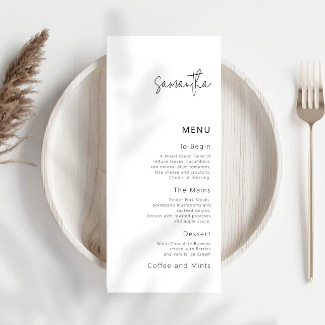 Minimalist Wedding Menu Card with Guest Name | Zazzle